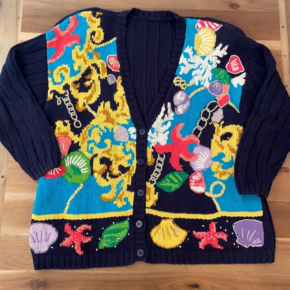 Vintage Beach / Ocean Themed Knit Cardigan - Gem